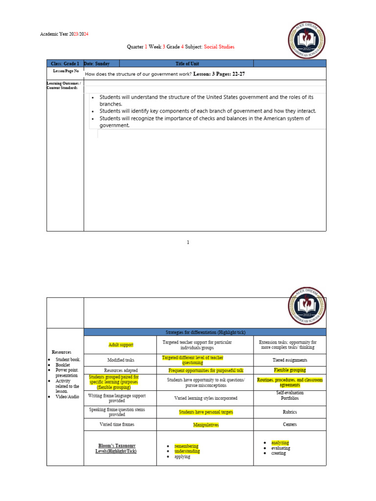 Chapter 1 Elementary Lesson Plans Social Studies Grade 4 Lesson 3 | PDF ...