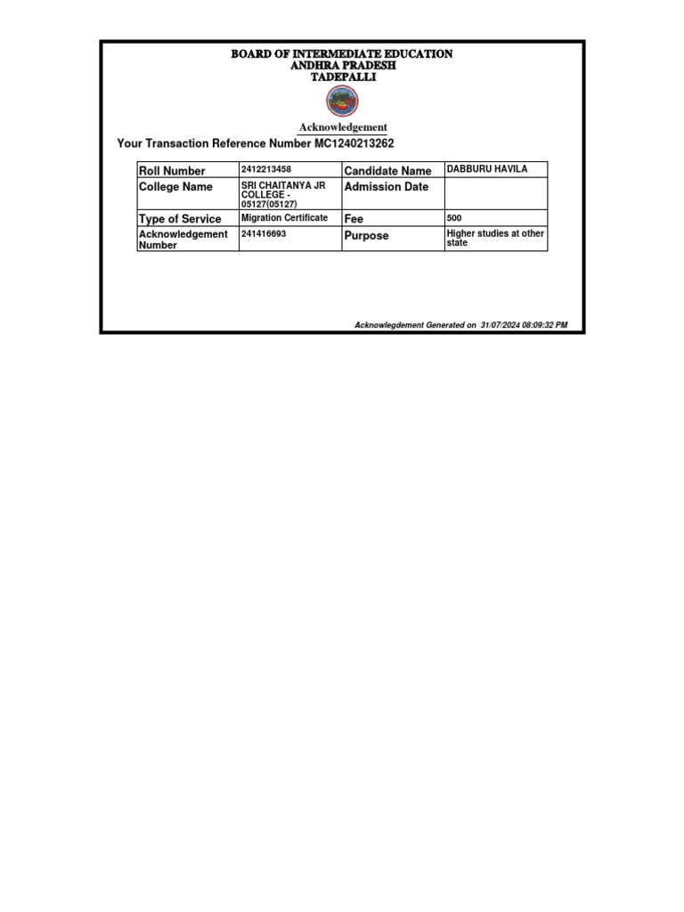 Your Transaction Reference Number MC1240213262 Roll Number Candidate ...