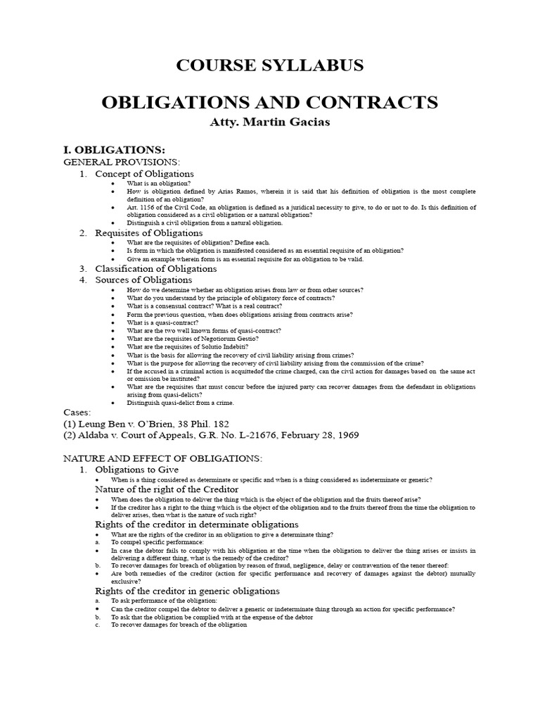 ObliCon-Syllabus | PDF | Law Of Obligations | Breach Of Contract