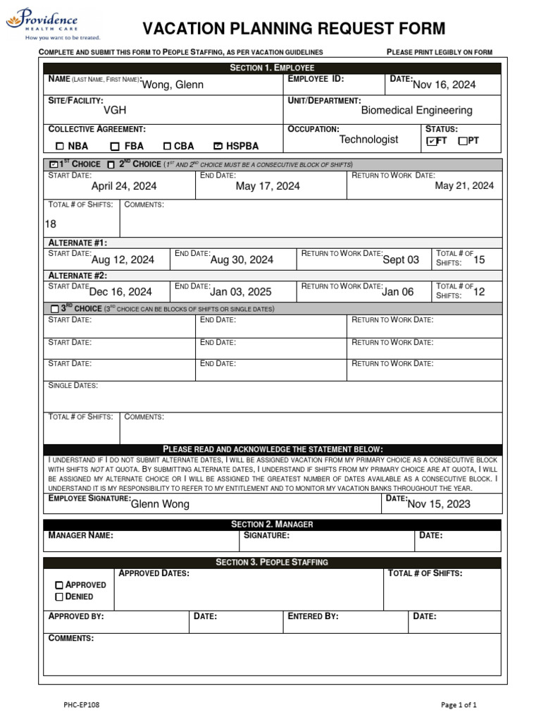 Vacation Planning Request Form | PDF