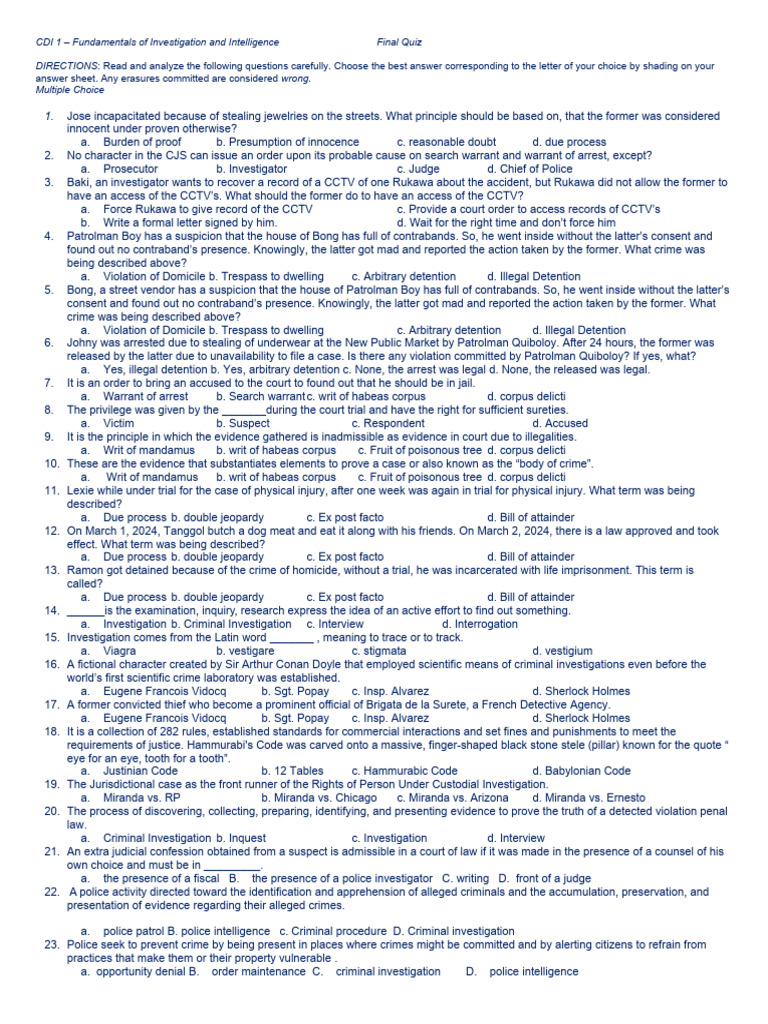 CDI 1 FINALS Quiz-2023-24 | PDF | Crime Scene | Arrest