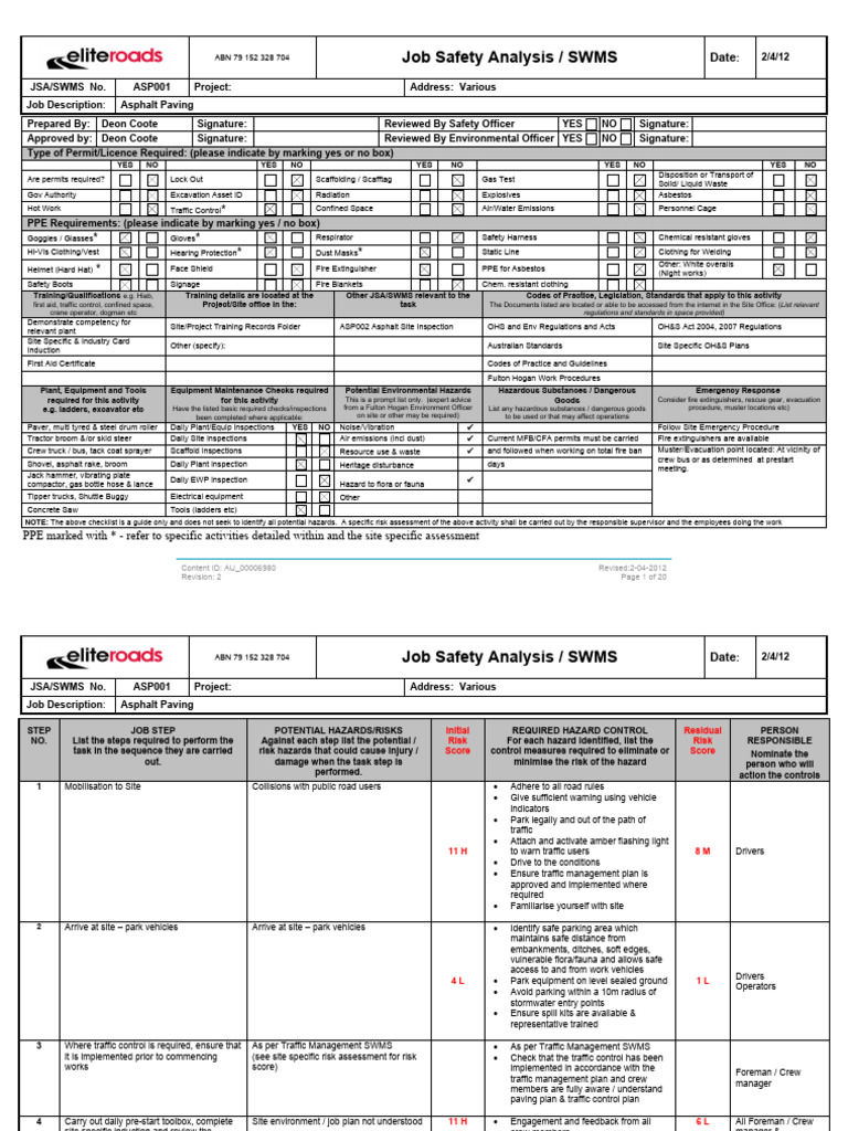 JSA For Asphalt Paving | PDF | Risk | Personal Protective Equipment