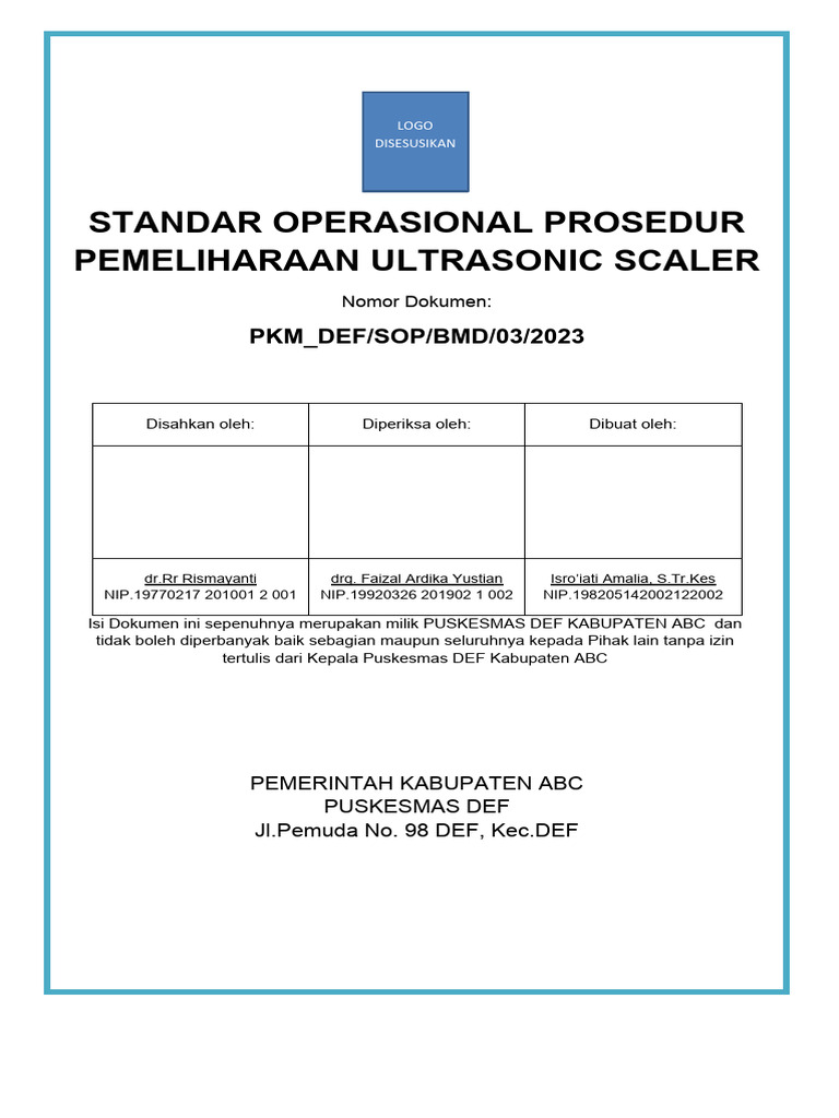 Sop Pemeliharaan Scaller Ultrasonic | PDF