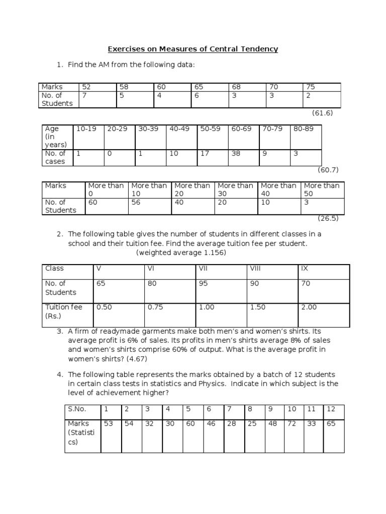 Exercises On Measures of Central Tendency | PDF