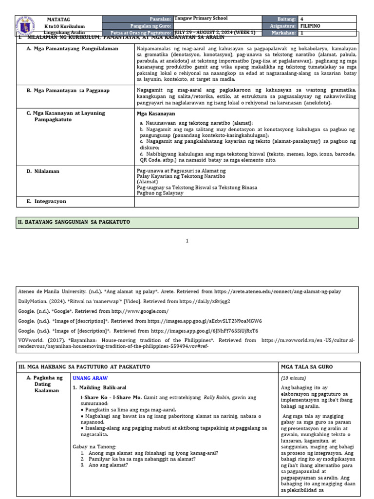 DLL Matatag - Filipino 4 Q1 W1 | PDF
