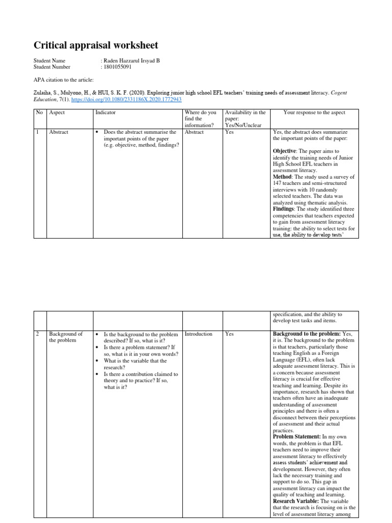 Critical - Appraisaltool - Worksheet - Raden Hazzarul Irsyad B | PDF ...
