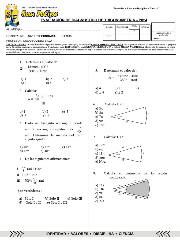 Examen Diagnostico 1ero Sec Trigo | PDF | Geometría Elemental