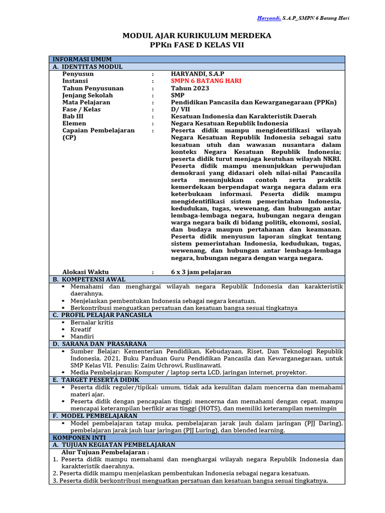Modul Ajar PPKN Kelas 7 Bab 3 | PDF