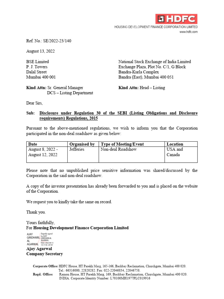 HDFC - Investor Presentation - 13-Aug-22 - Tickertape | PDF