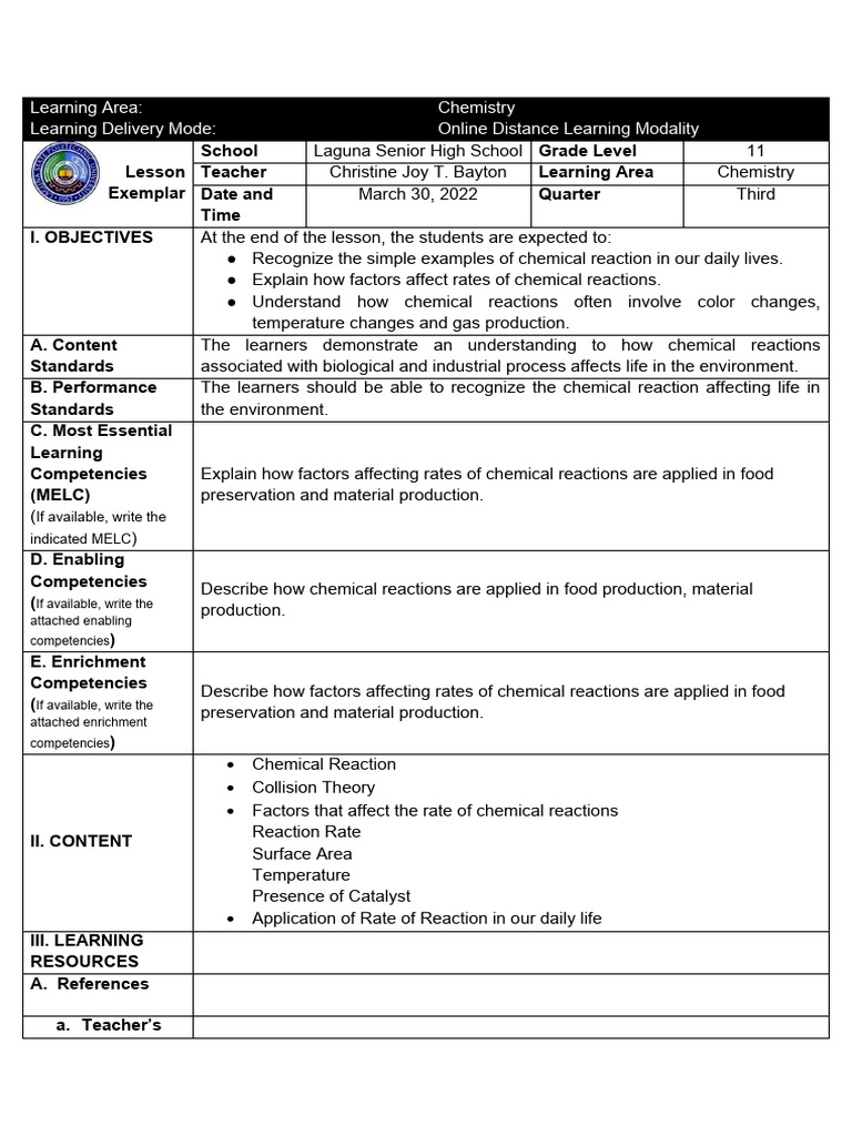 Lesson Exemplar Catalyst | PDF | Reaction Rate | Chemical Reactions