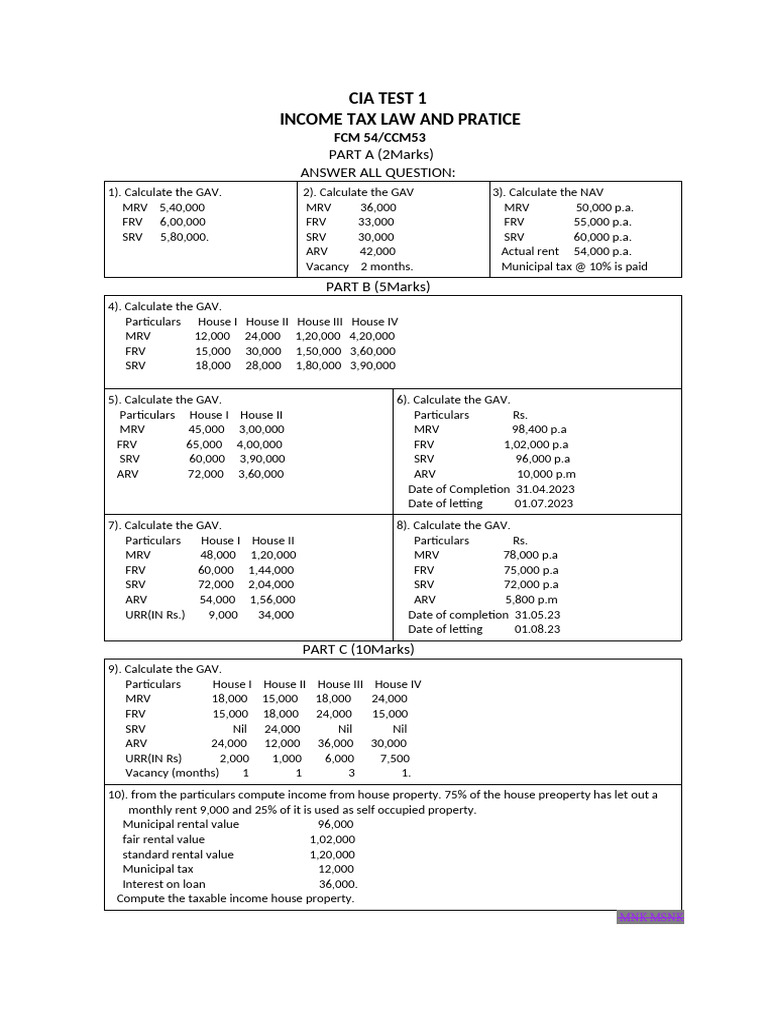 Income Tax Law and Pratical CIA Test Question Paper in MNK | PDF ...