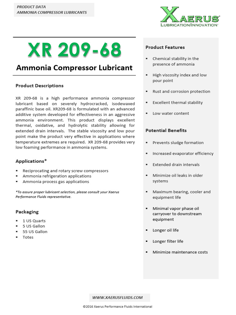 Xaerus - PDS - XR 209-68 Ammonia Compressor Lubricant | PDF | Lubricant ...