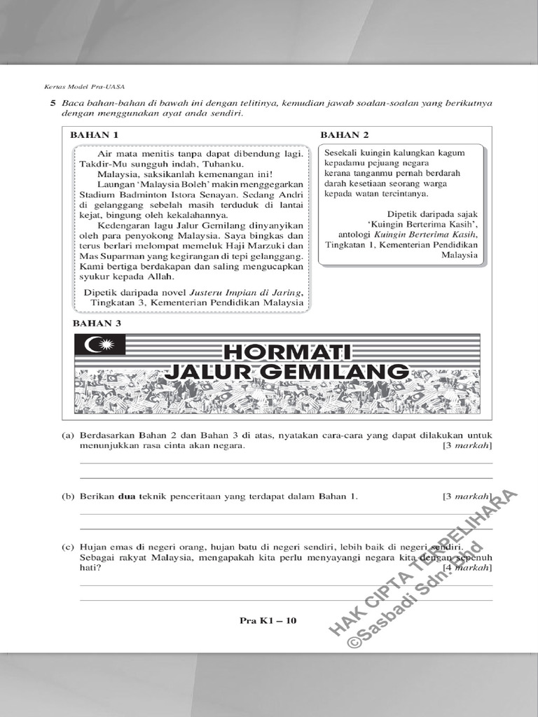 Kertas Model Uasa Bahasa Melayu Tingkatan 1 | PDF