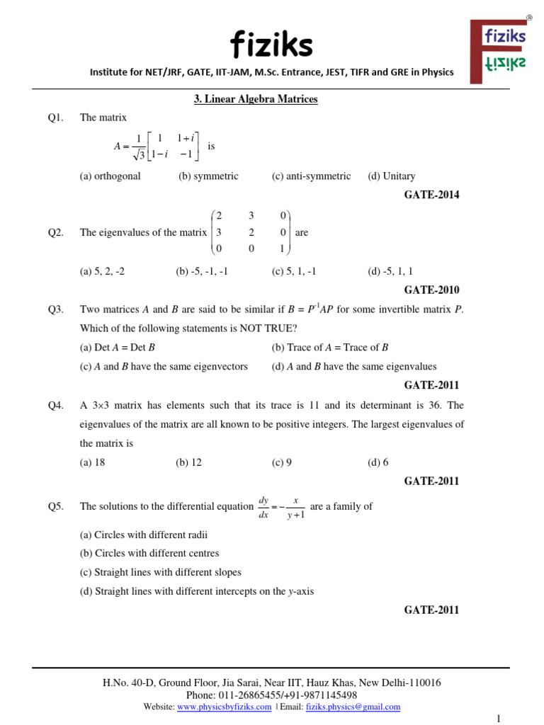3.linear Algebra Matrices | PDF | Eigenvalues And Eigenvectors | Matrix ...