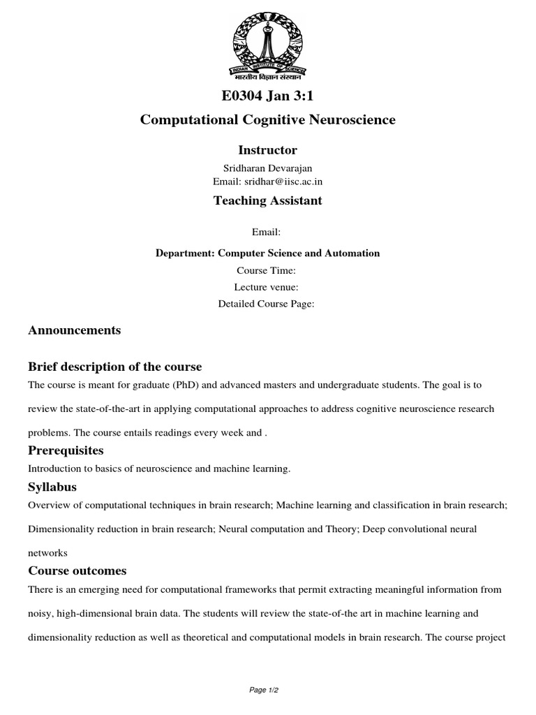 E0304 Jan 3:1 Computational Cognitive Neuroscience: Instructor | PDF