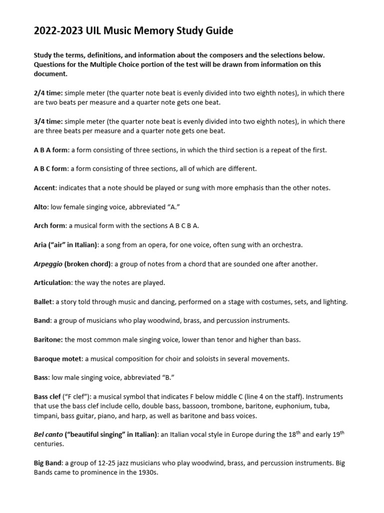 REVISED 2022-2023 UIL Music Memory Study Guide For Grades 7-8 | PDF ...