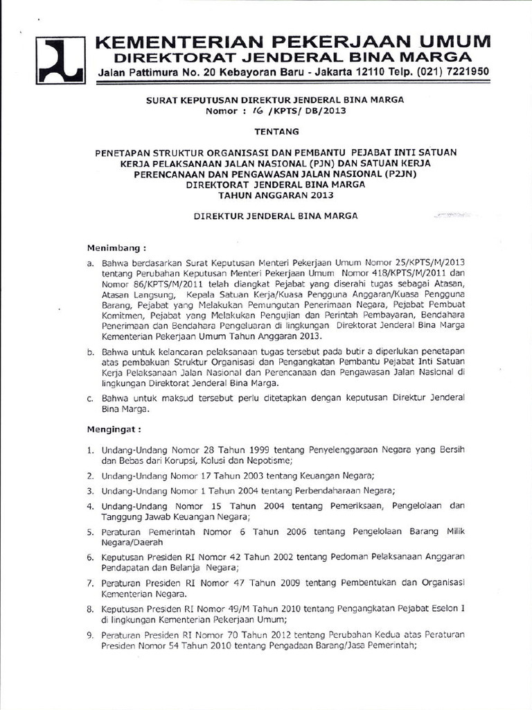 SK DJBM No.16 Tahun 2013 - Penetapan Struktur Organisasi Satker PJN Dan Satker P2JN Ditjen Bina ...