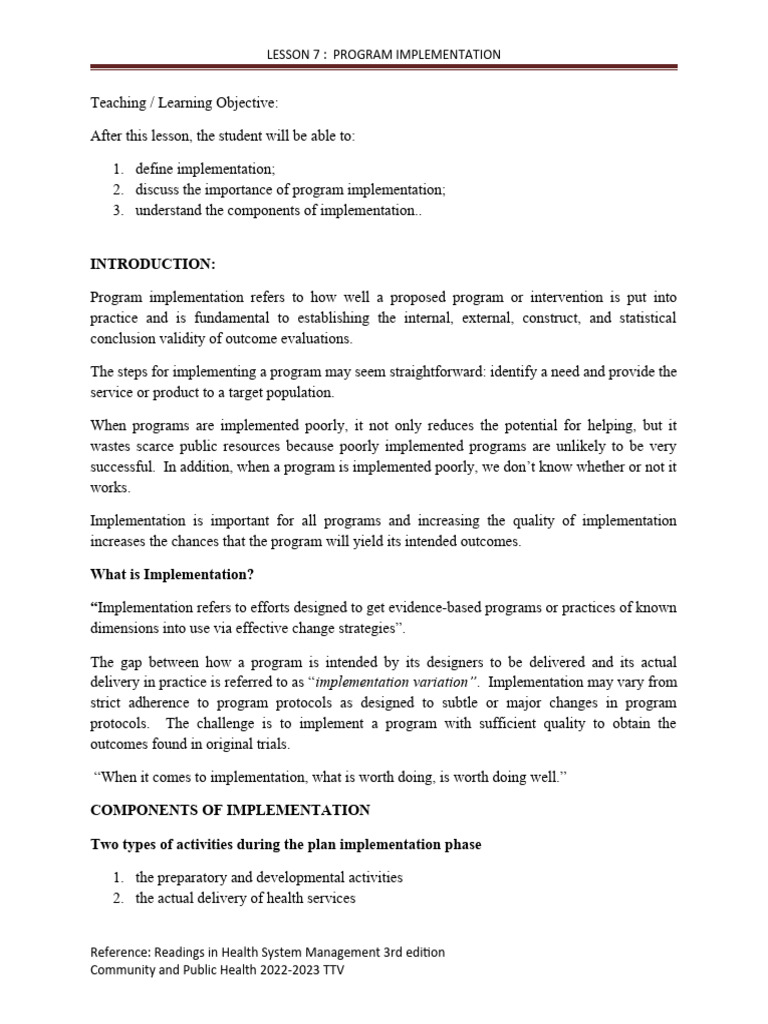 Lesson 7 Program Implementation | PDF | Evidence Based Practice | Cognition