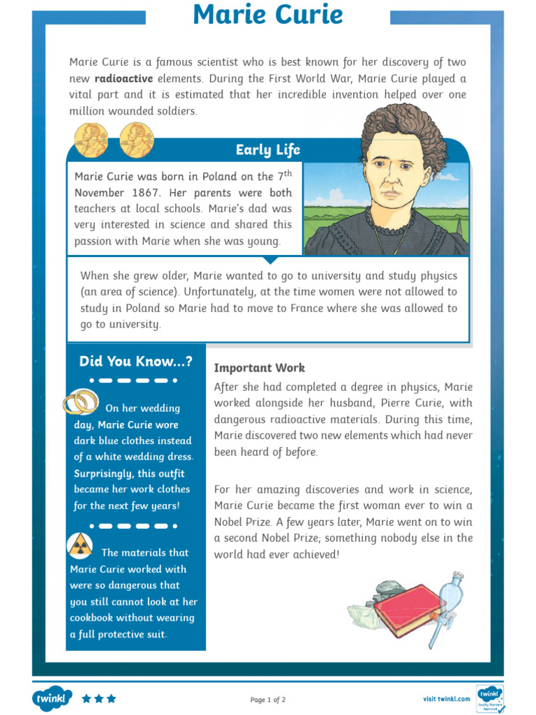 Reading Comprehension Marie Curie Pdf Marie Curie