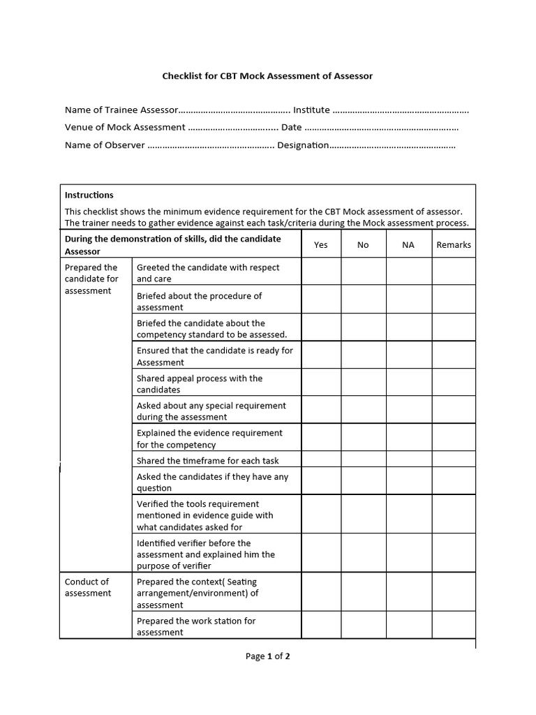 Checklist For Mock Assessment | PDF | Cognition