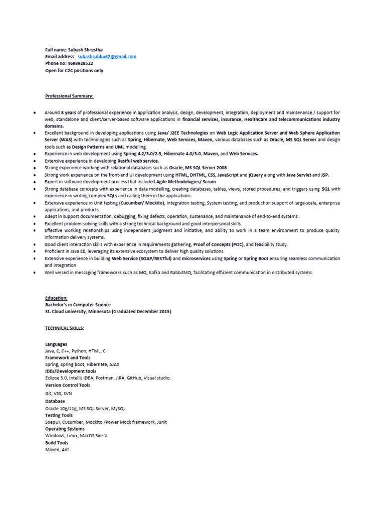 Resume sample Java Developer USA format | PDF | Angular Js | Spring Framework