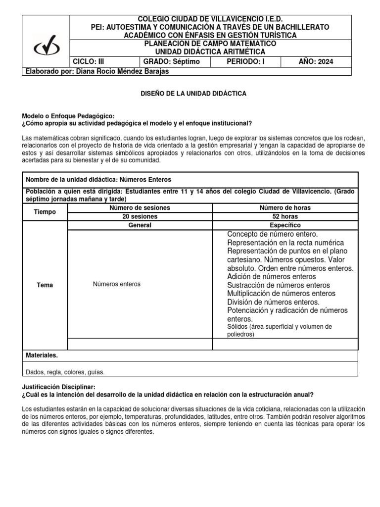 Planeación Septimo Primer Periodo 2024 | PDF | Entero | Multiplicación