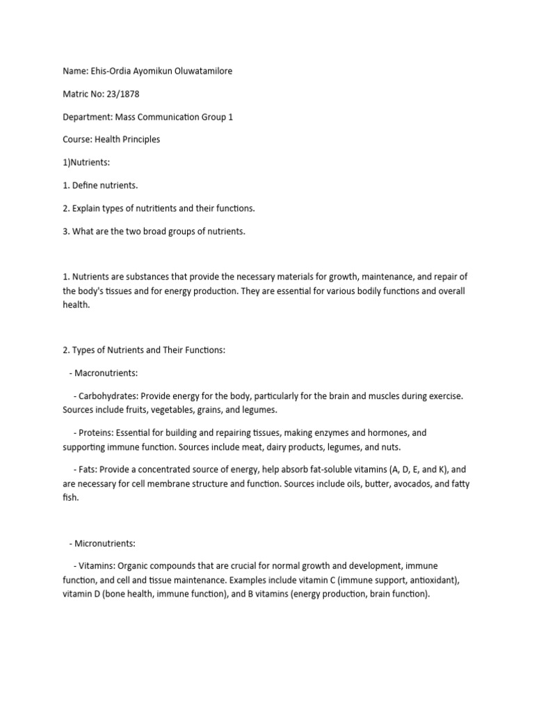 Health Principles Assignment-WPS Office | PDF | Nutrients | Metabolism