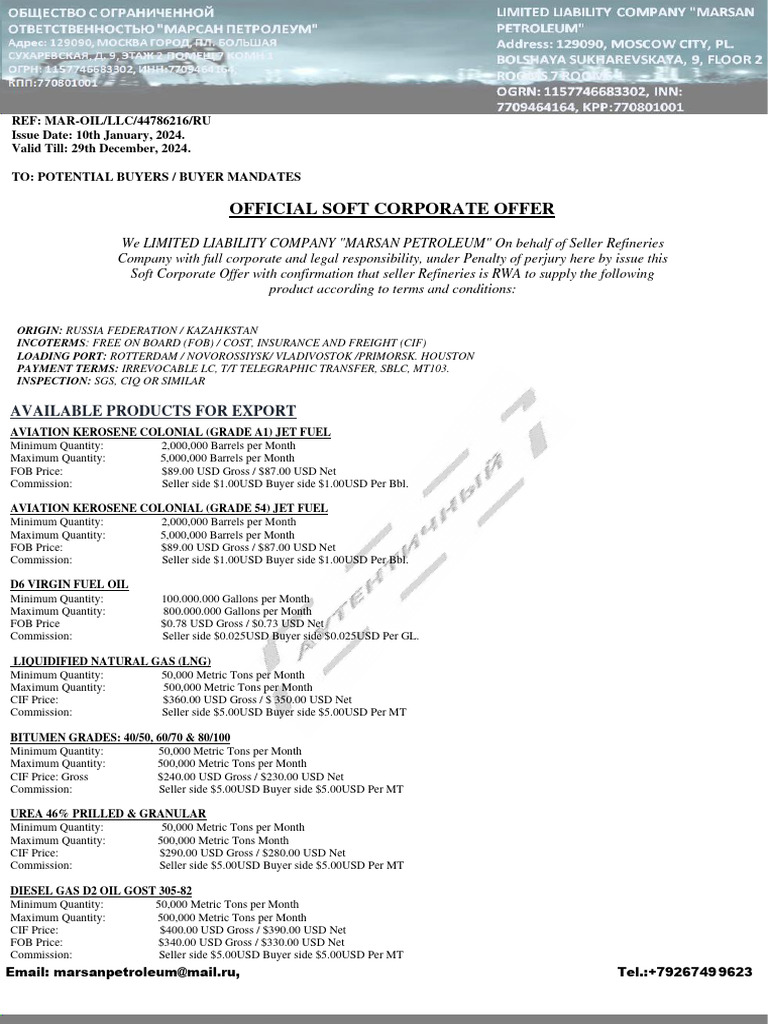 Limited Liability Company Marsan Petroleum Soft Offer (Sco) | PDF ...