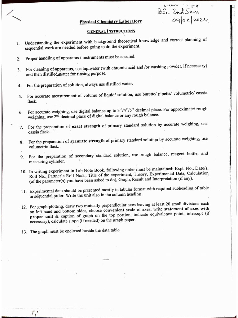 Sem 2 Physical Chemistry Practical Instruction Sheet | PDF