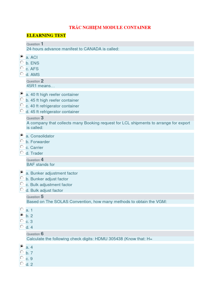 TRẮC NGHIỆM MODULE CONTAINER | PDF | Containerization | Cargo