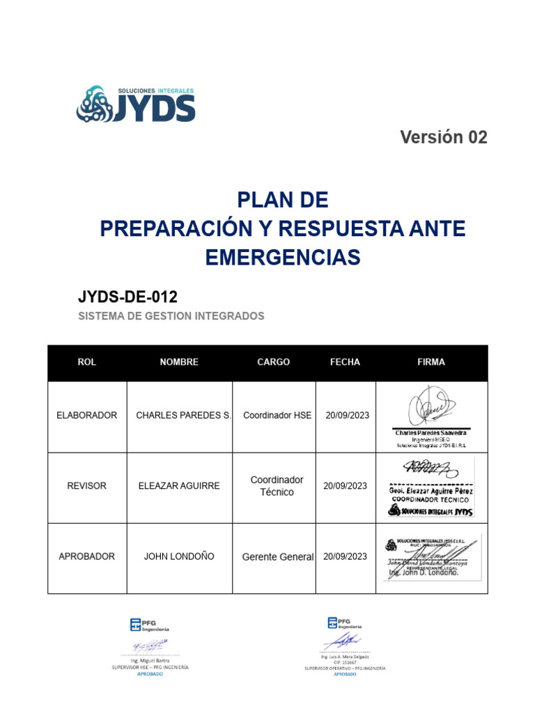 JYDS-De-012 Plan de Preparación y Respuesta Ante Emergencias v02 | PDF | Seguridad y salud ...