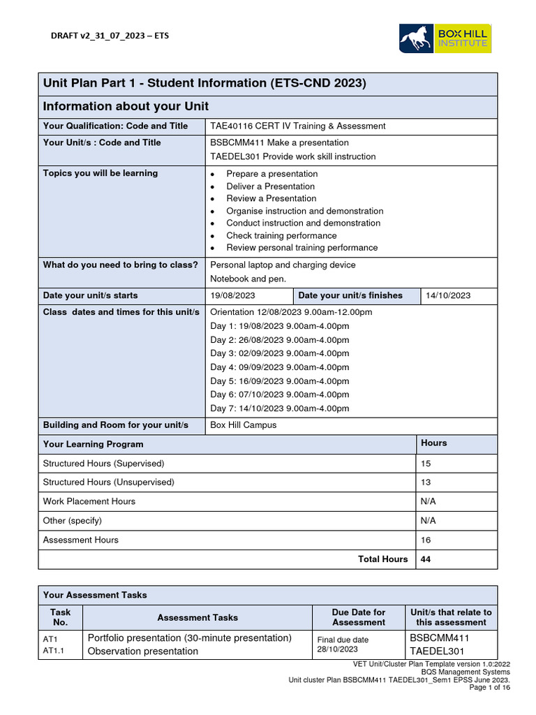 BSBCMM411 - TAEDEL301 - Cluster Unit Plan ETS v2 - 31 - 07 - 2023 ...