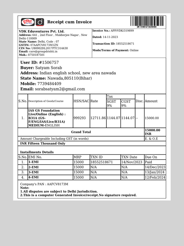 IAS GS Foundation Course Invoice | PDF