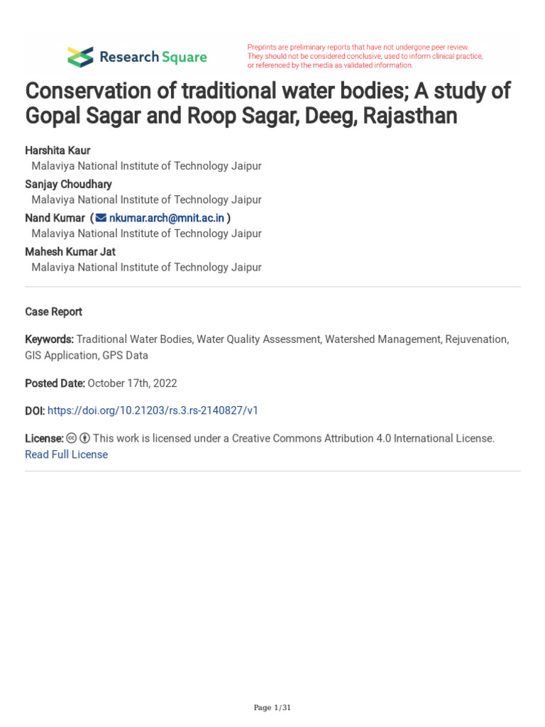 Conservation of Traditional Water Bodies | PDF | Water Quality | Water