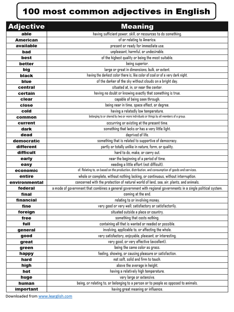 100 Common English Adjectives List | PDF | English Language | Dignity