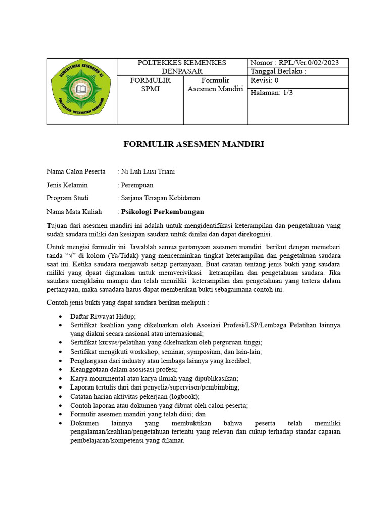 Form Formulir Asesmen Mandiri - MK Psikologi | PDF | Sains & Matematika