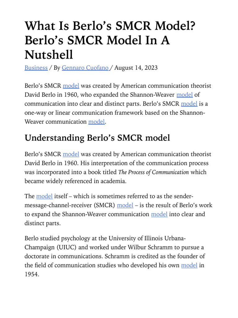 What Is Berlo's SMCR Model? Berlo's SMCR Model in A Nutshell - FourWeekMBA | PDF | Communication ...