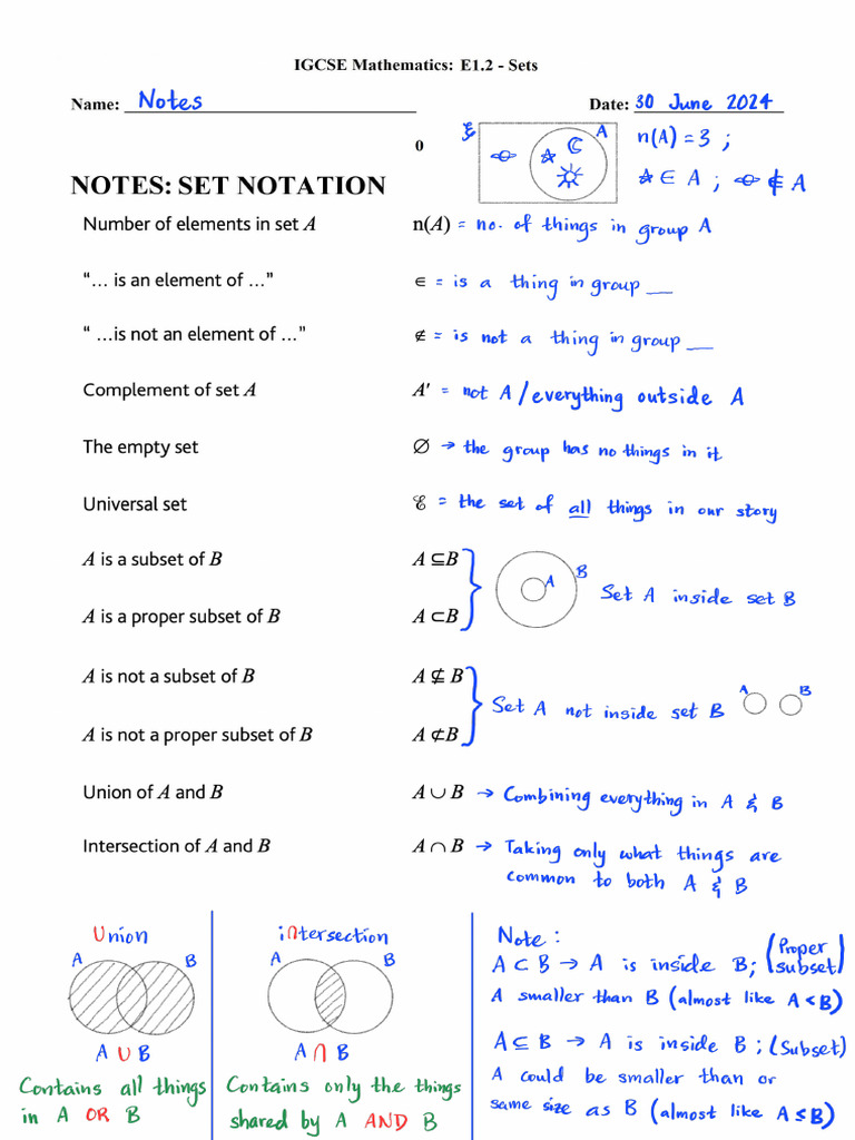 IGCSE Maths - E1.2 - Sets Notes & Model Answers | PDF