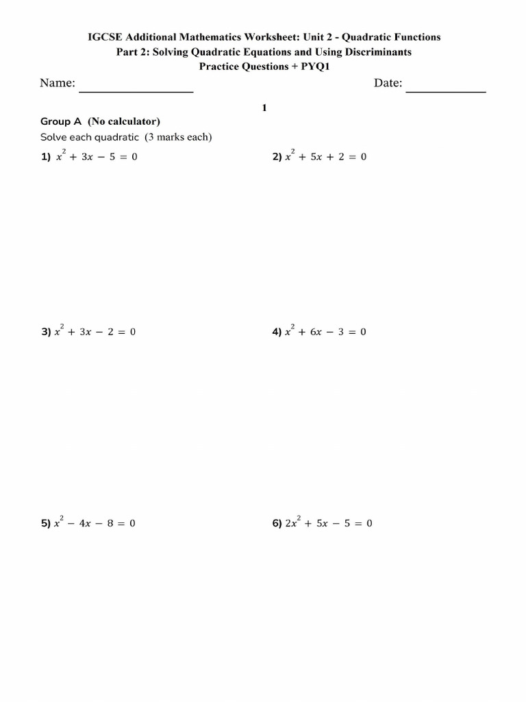 IGCSE Add Maths Worksheet - Unit 2 - Quadratic Functions (Part 2) | PDF