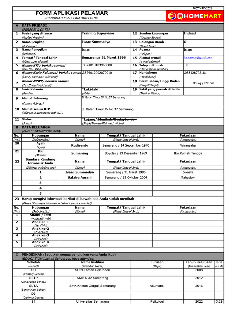 007 Form Aplikasi Pelamar | PDF