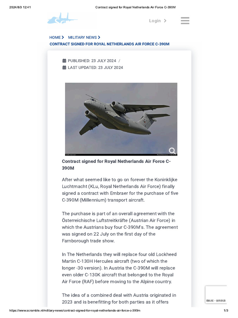 Contract Signed For Royal Netherlands Air Force C-390M | PDF