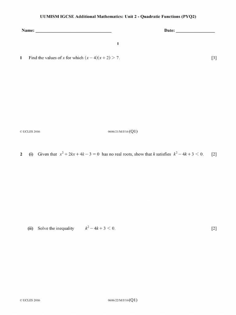 IGCSE Add Maths Worksheet - Unit 2 - Quadratic Functions (PYQ2) | PDF