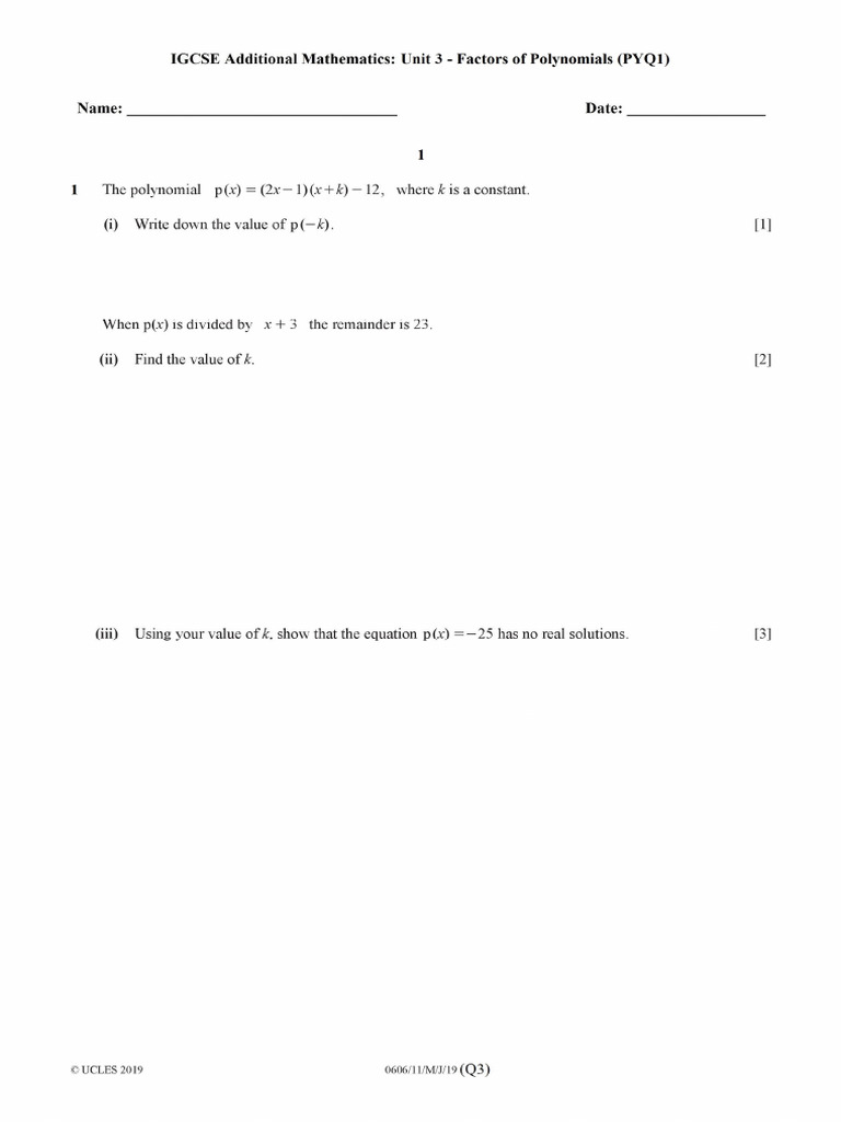 IGCSE Add Maths Worksheet - Unit 3 - Factors of Polynomials (PYQ1) | PDF