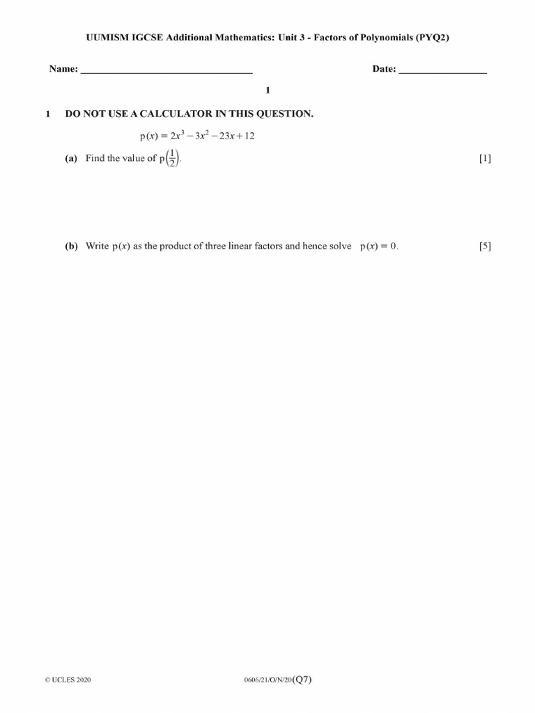IGCSE Add Maths Worksheet - Unit 3 - Factors of Polynomials (PYQ2) | PDF