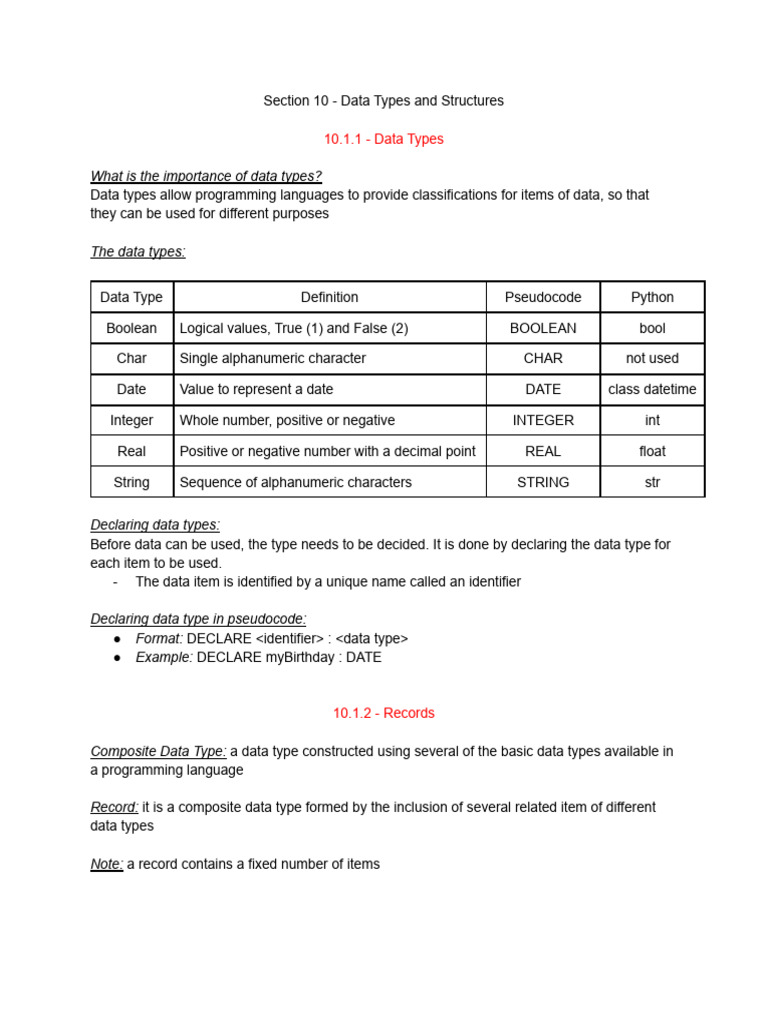 Section 10 - Data Types and Structures - 10.1.1 To 10.4.3 1 | PDF ...