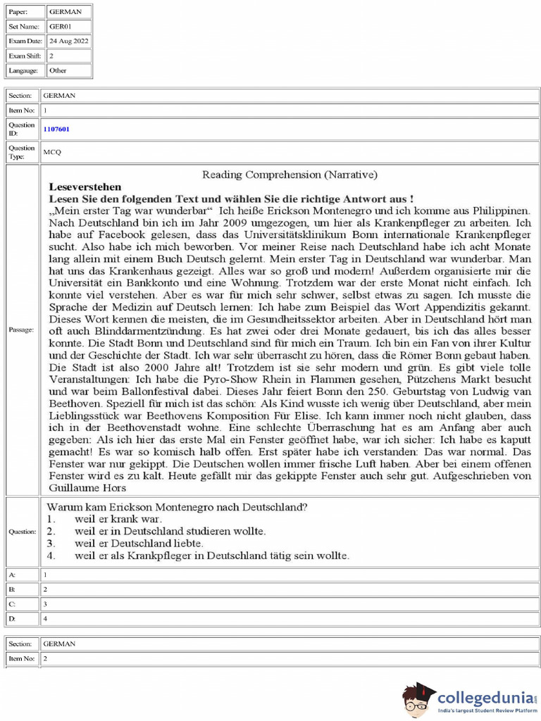 CUET 2022 German Question Paper Practice | PDF