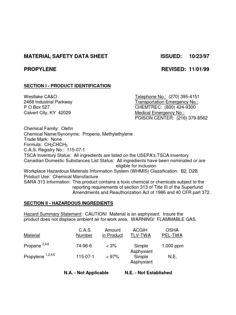 Material Safety Data Sheet ISSUED: 10/23/97 Propylene REVISED: 11/01/99 ...