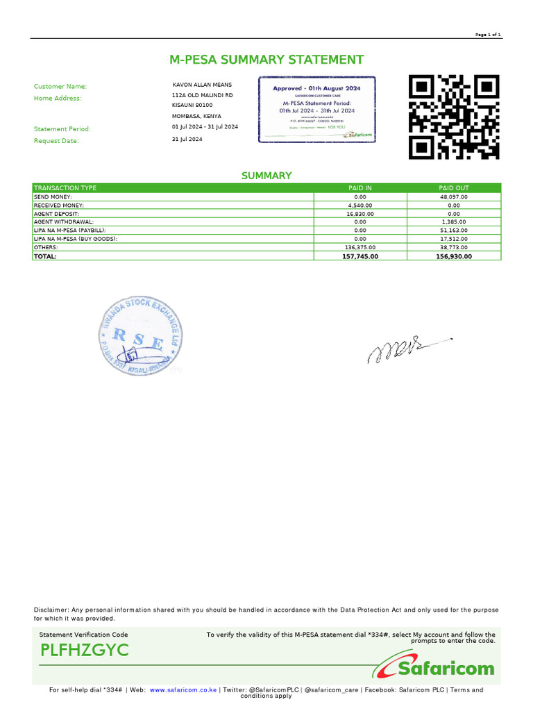 M-PESA Transaction Summary July 2024 | PDF | Banking Technology ...