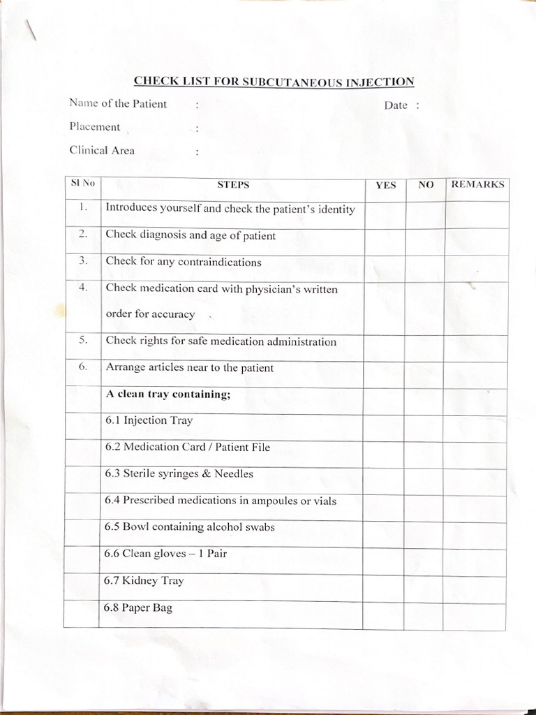 Subcutaneous Injection Checklist | PDF