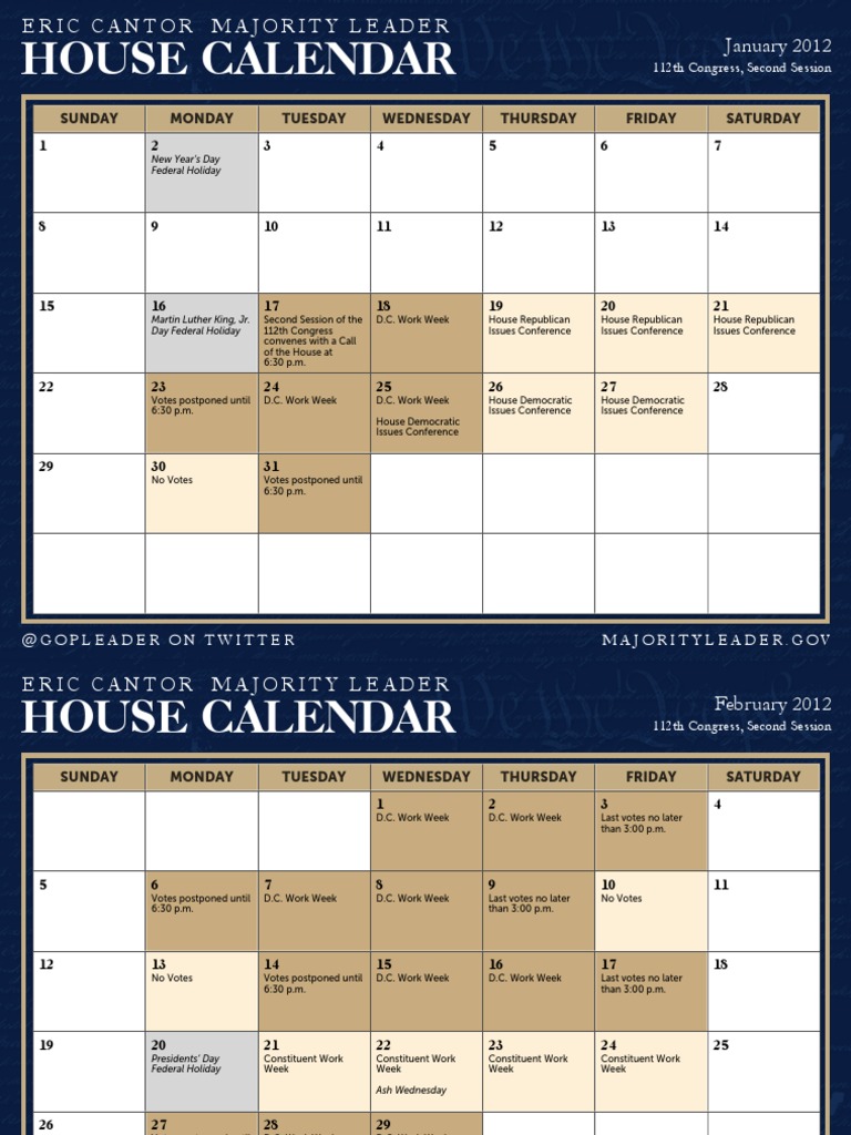 112th Congress House Calendar 2012 | PDF | Workweek And Weekend ...
